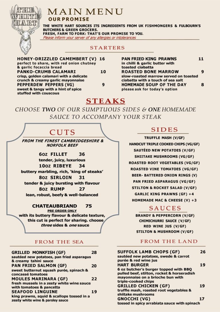 Our Menus - White Hart Fulbourn